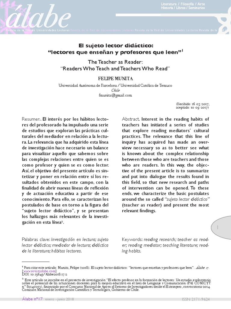 El Sujeto Lector Didáctico. Lectores Que Enseñan y Profesores Que Leen ...