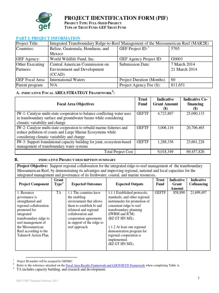 Ridge To Reef Management of The Mesoamerican Reef (Mar2r) Pif Document ...