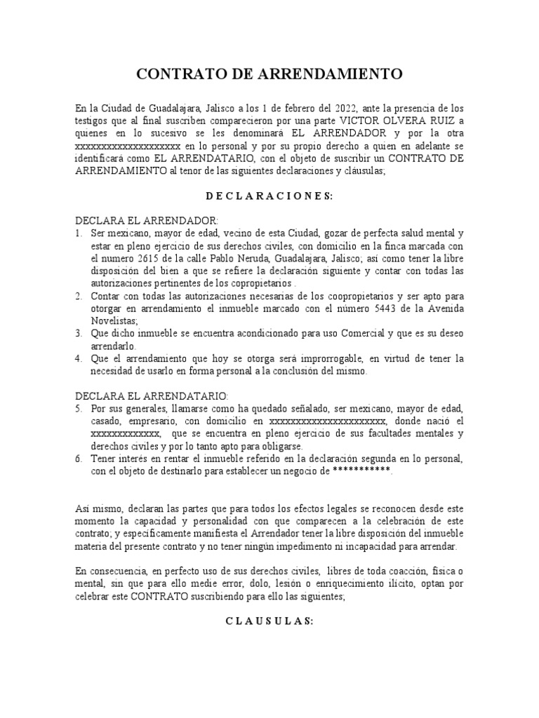 Contrato Arrendamiento Comercial Victor Olvera | PDF