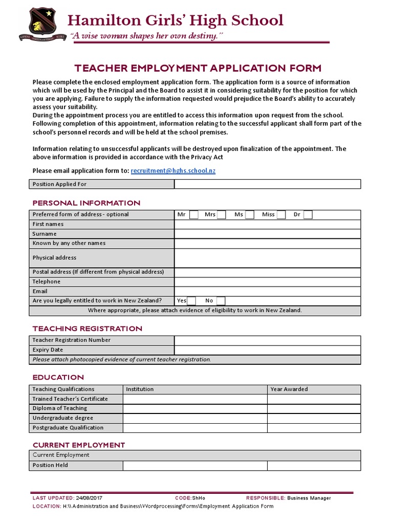 Application Form Hamilton | PDF