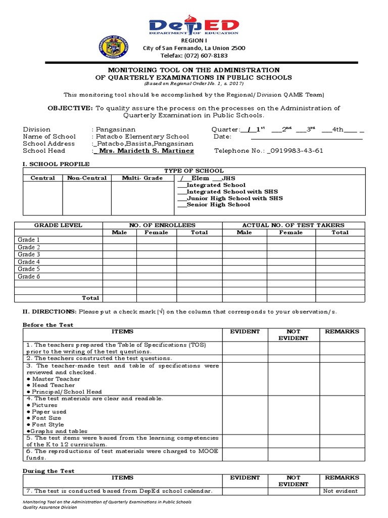 Monitoring Tool Quarterly Exam | PDF