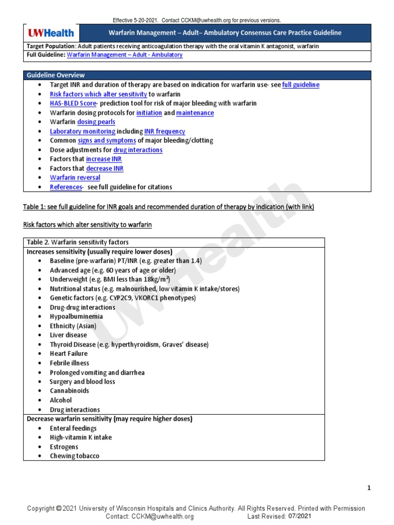 Warfarin Management Adult Ambulatory Summary PT 5 2021 Corrected | PDF