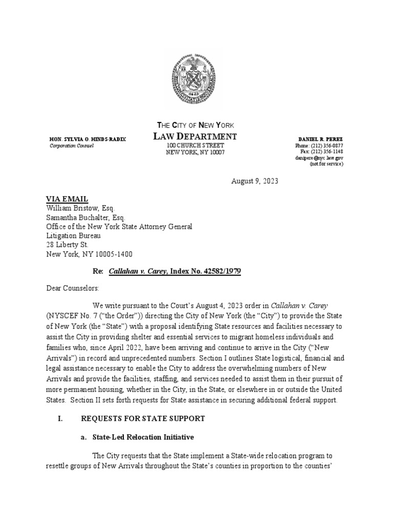 NYC Law Department S Letter To The State Over The Migrant Crisis | PDF