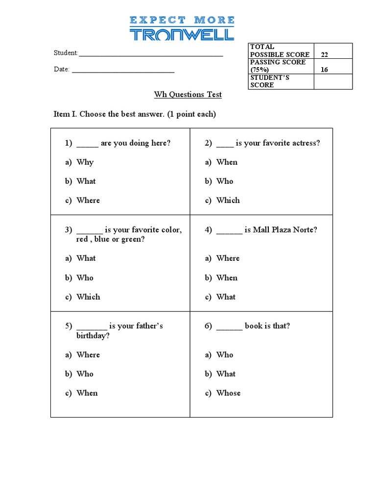 WH Questions Tests | PDF | Games & Activities | Teaching Methods ...