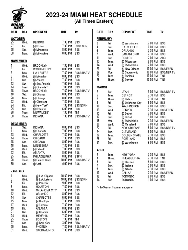 2023-24 Heat Schedule (All Times Eastern) | Download Free PDF | Los ...