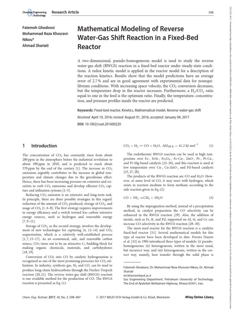 Chem Eng Technol - 2017 - Ghodoosi - Mathematical Modeling of Reverse Water Gas Shift Reaction ...