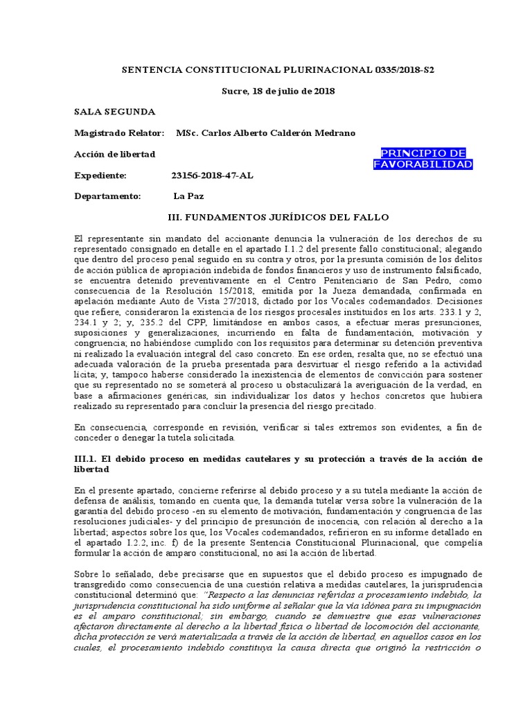 SCP 0335-2018-S2 - Principio de Favorabilidad - Enerva 235.2 | PDF