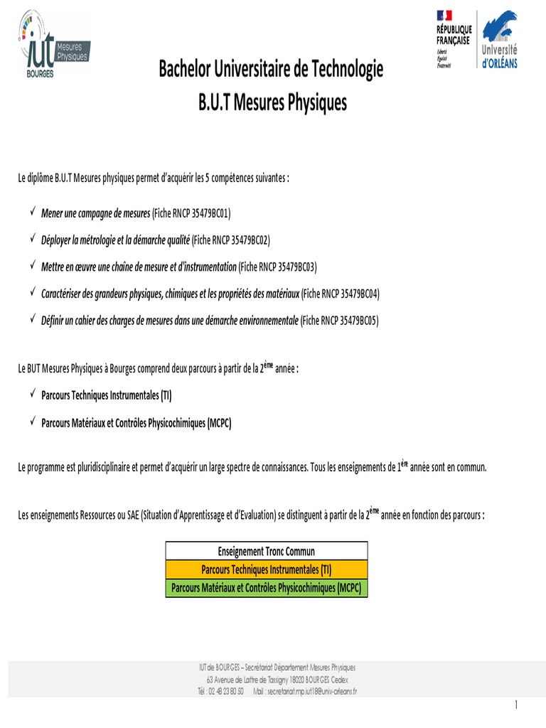 Programme But Mesures Physiques Par Semestre Parcours Timcpc | PDF