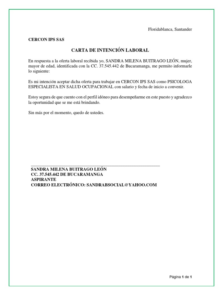 Carta de Intención Laboral, Sandra Buitrago. | PDF