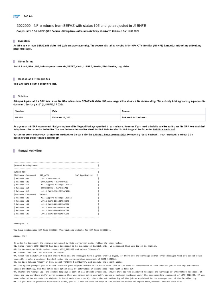 NF-e Returns From SEFAZ With Status 105 and Gets Rejected in J1BNFE | PDF