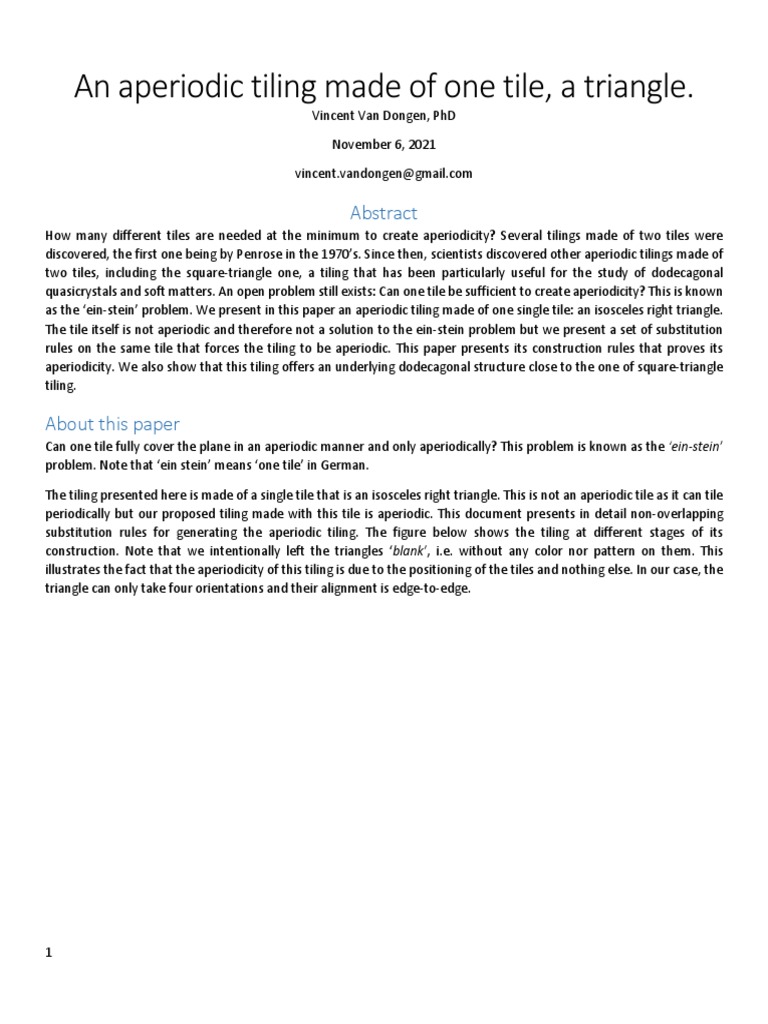 An Aperiodic Tiling Made of One Tile, A Triangle | PDF | Shape | Geometry