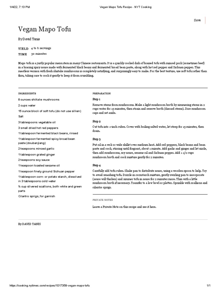 Vegan Mapo Tofu Recipe - NYT Cooking | PDF | Lifestyle