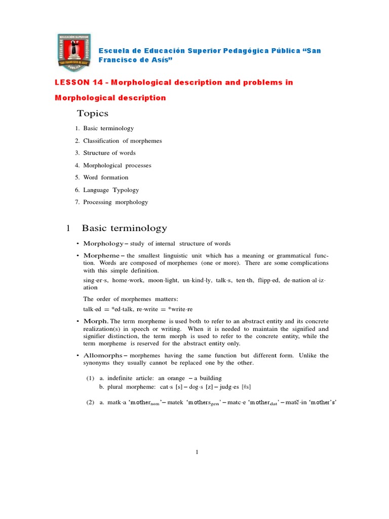 LESSON 14 - Morphological Description and Problems in Morphological ...