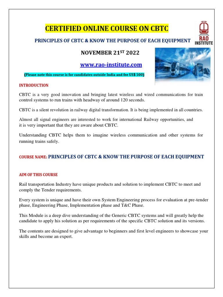 CBTC Principles Online Course Overview | PDF | Rail Transport