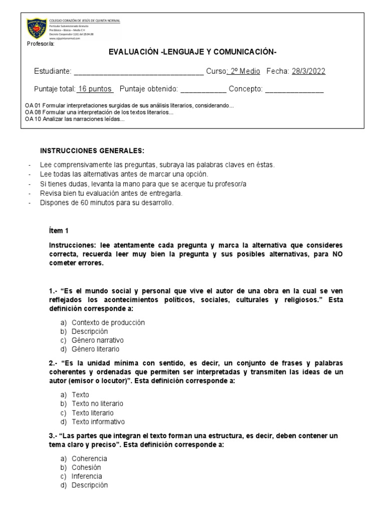 PRUEBA LENGUAJE Y COMUNICACIÓN 2°medio | PDF