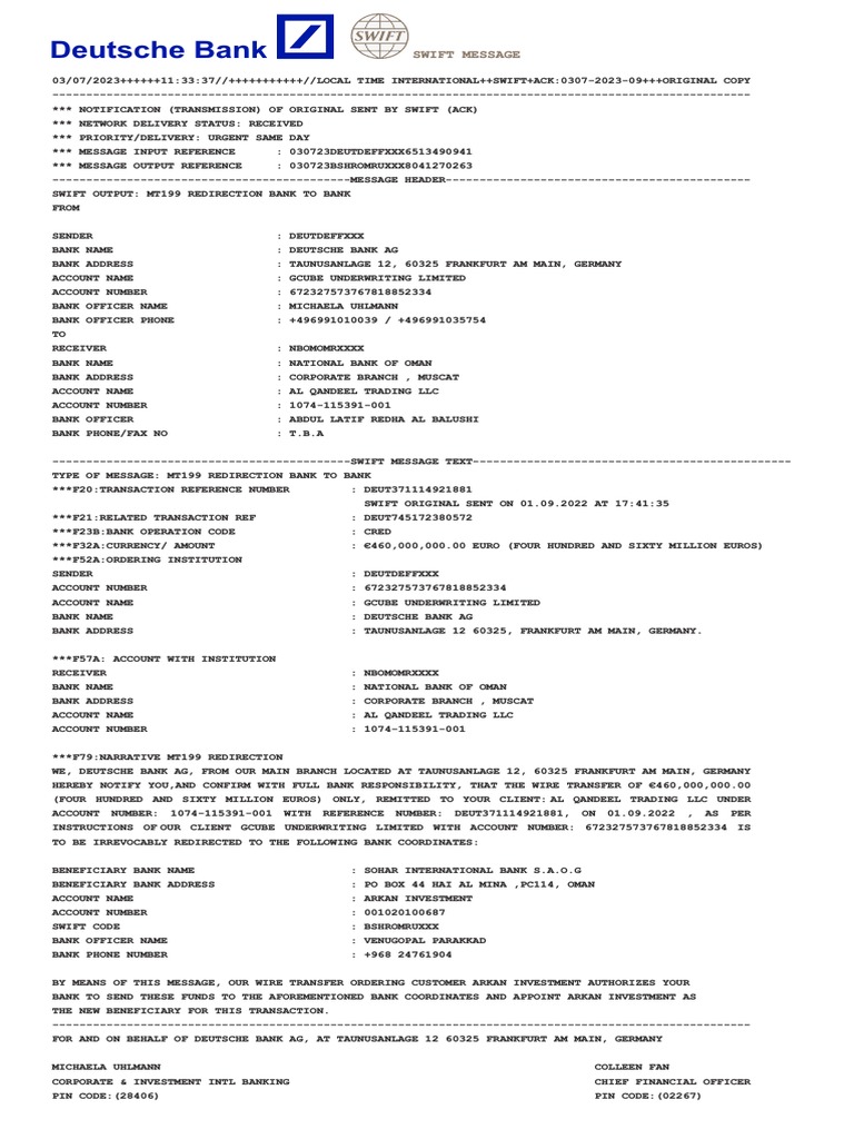 Mt199 Redirect To Account Number 001020100687 | PDF | Banks | Wire Transfer Mt199 Redirect To Account Number 001020100687 | PDF | Banks | Wire Transfer
