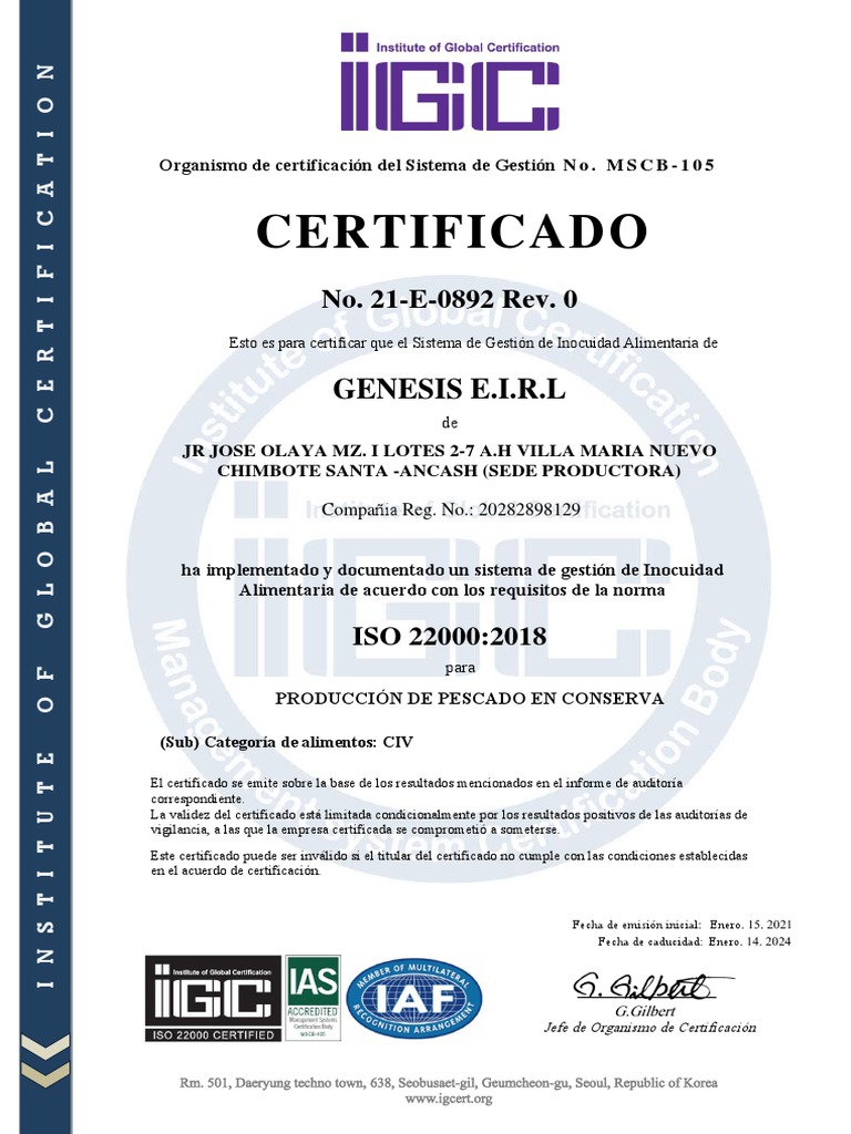 Iso 22000 - Genesis Eirl - Español | PDF | Comida y bebida