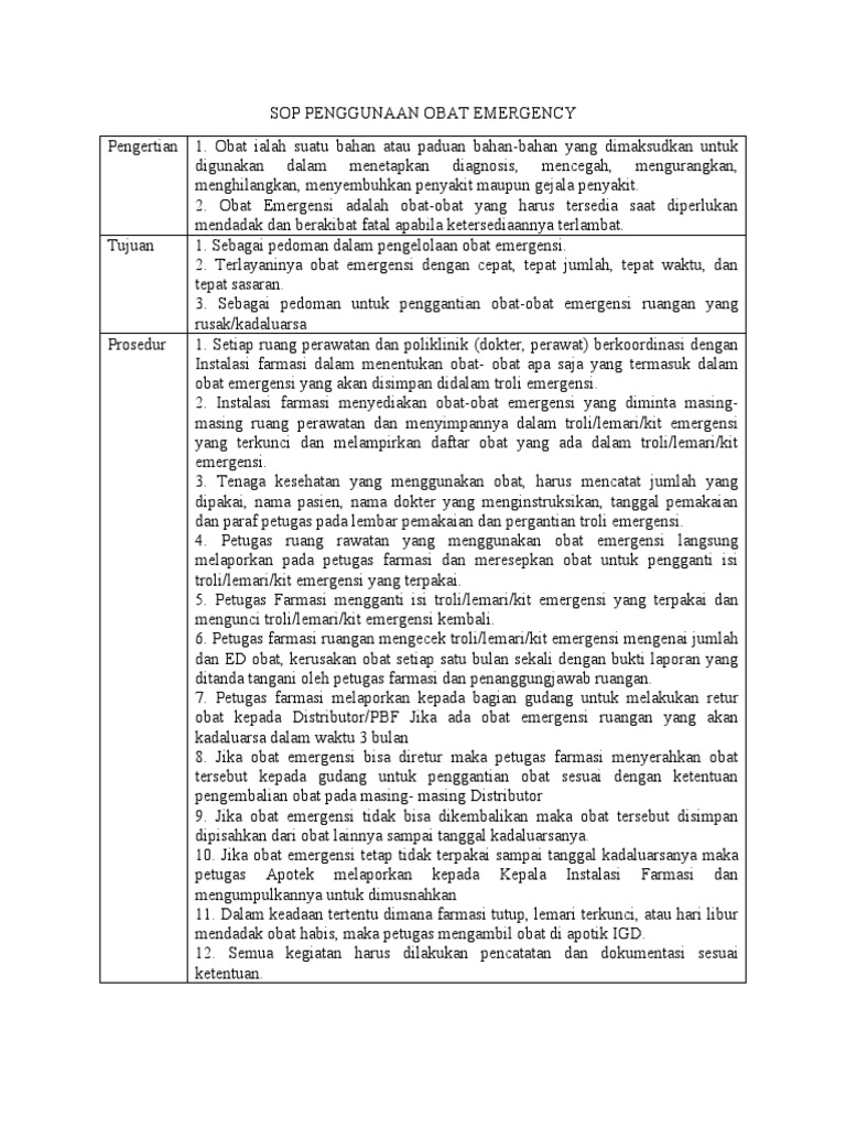 SOP Penggunaan Obat Emergensi Medis | PDF
