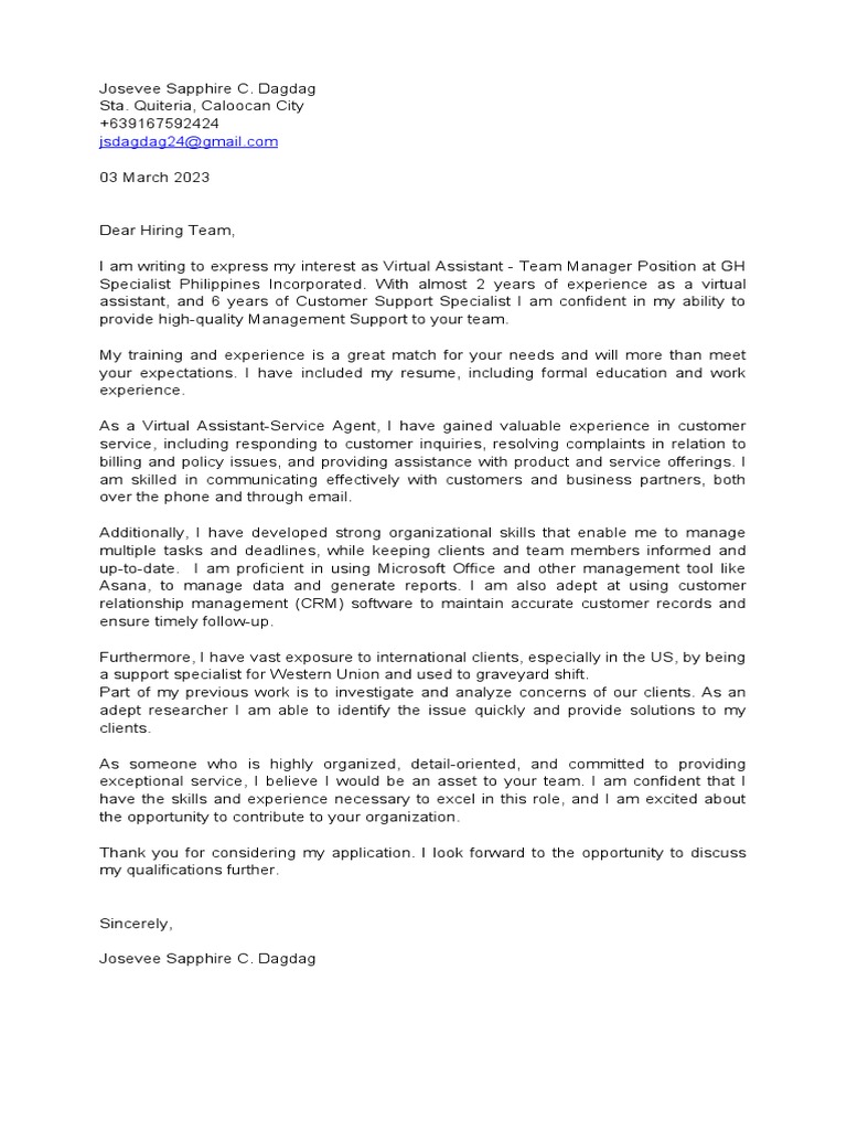 Cover Letter For VA-Team Manager | PDF