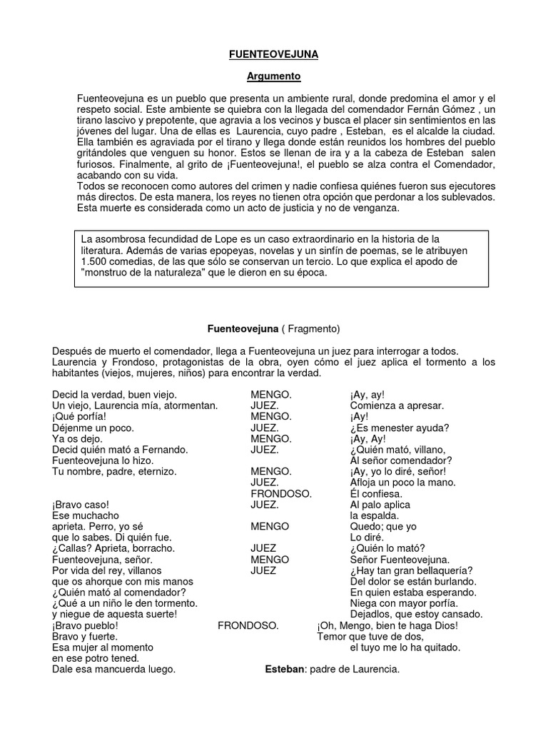 Análisis de "Fuenteovejuna" de Lope de Vega | PDF