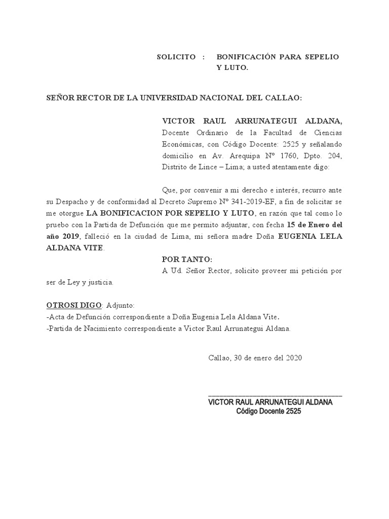 Solicito Bonificacion Por Sepelio y Luto | PDF | Derecho