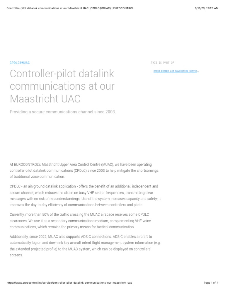 Controller-Pilot Datalink Communications at Our Maastricht UAC (CPDLC@MUAC) - EUROCONTROL | PDF