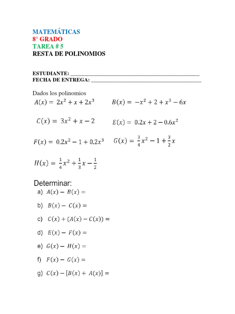 TAREA # 5 RESTA DE POLINOMIOS | PDF