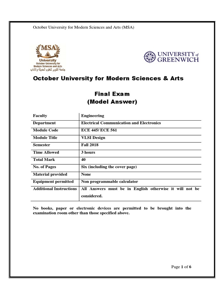Final Exam - VLSI - Fall2018 - Answer | PDF | Electronic Engineering | Transistor