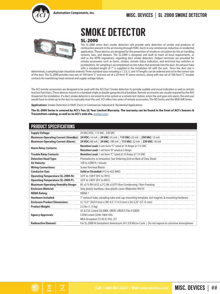 SL-2000 Smoke Detector | PDF | Duct (Flow) | Alternating Current