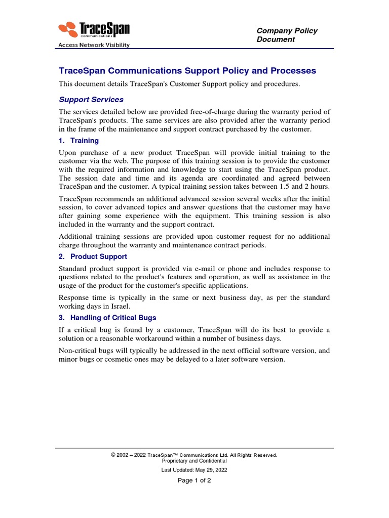 TraceSpan Communications Support Policy | PDF | Software Bug | Software