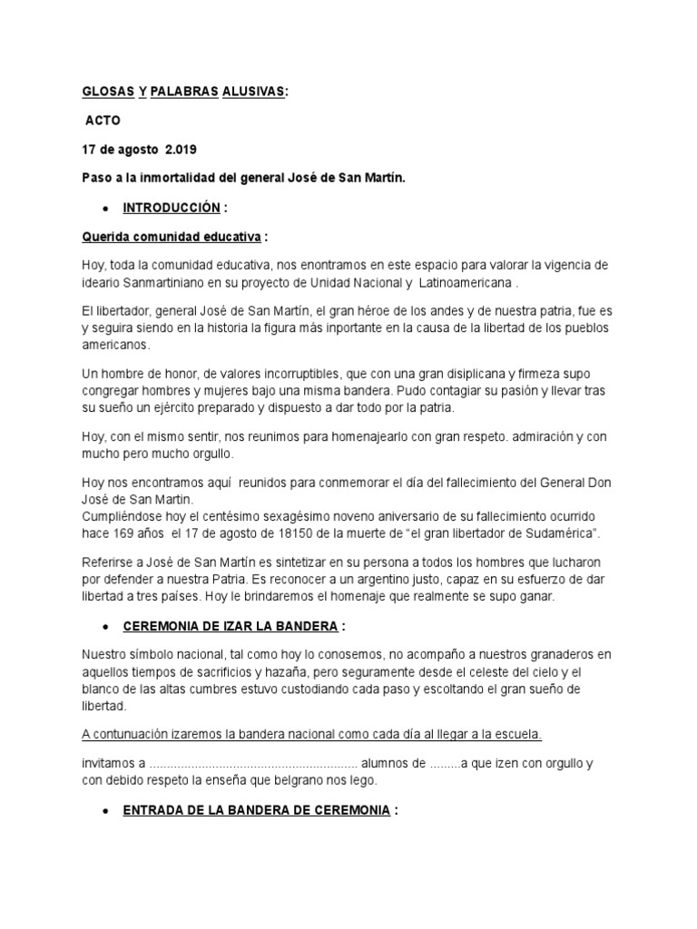 Glosas y Palabras Alusivas Acto 17 de Agosto | PDF