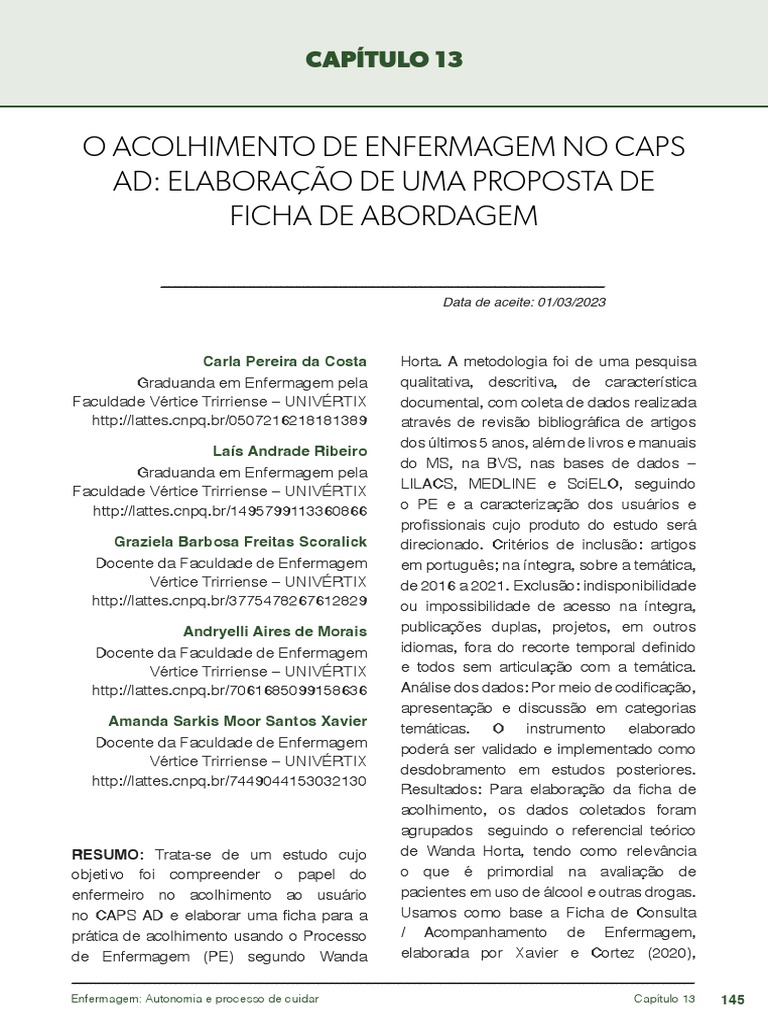 Acolhimento no CAPS AD: Papel do Enfermeiro | PDF | Saúde mental ...