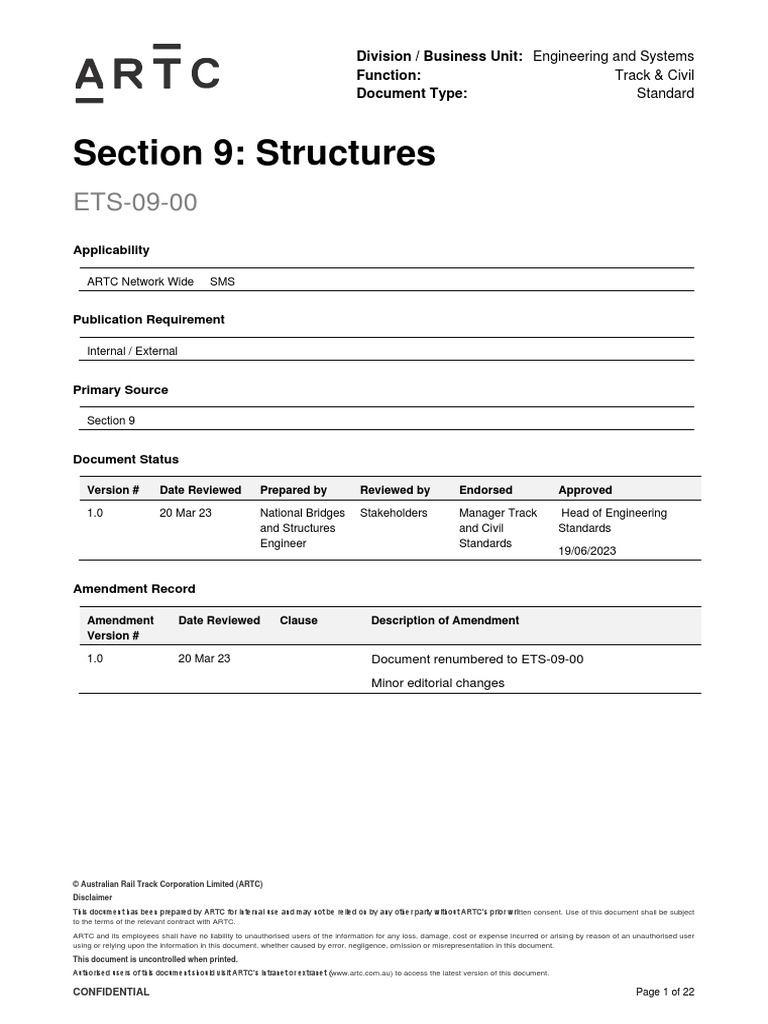 ARTC - Section 9 - Structures ETS-09-00 | PDF | Bearing (Mechanical) | Bridge