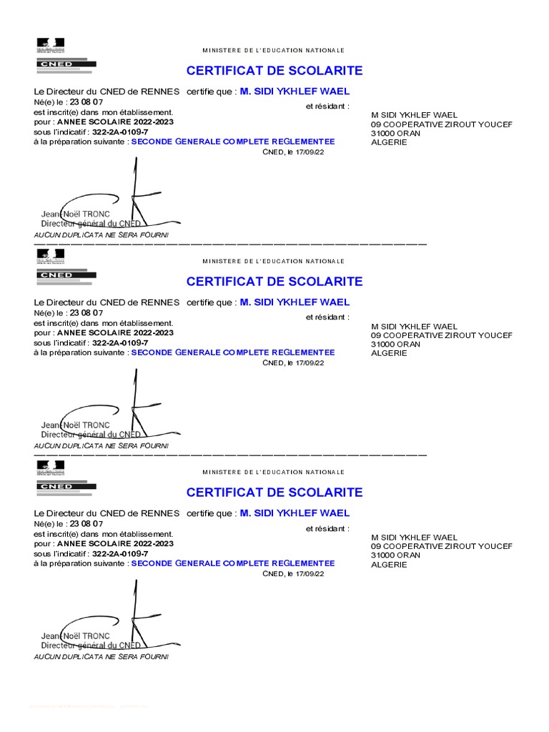 Certificat de Scolarité | PDF