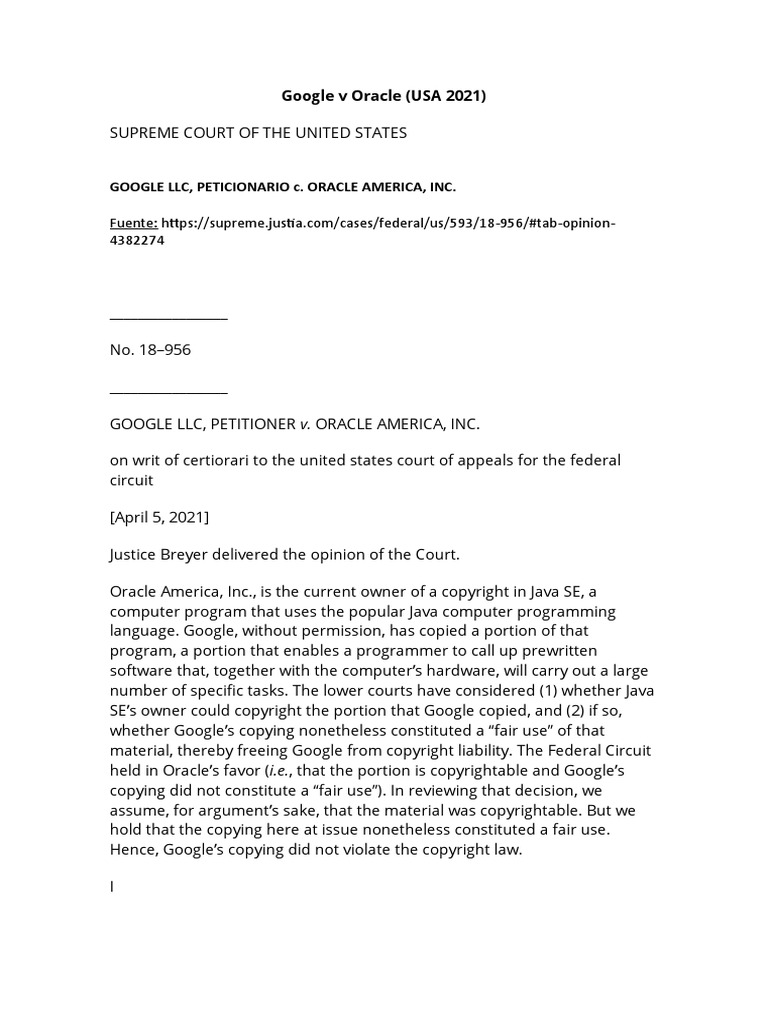 Google V Oracle USA 2021 | PDF | Fair Use | Java (Programming Language)