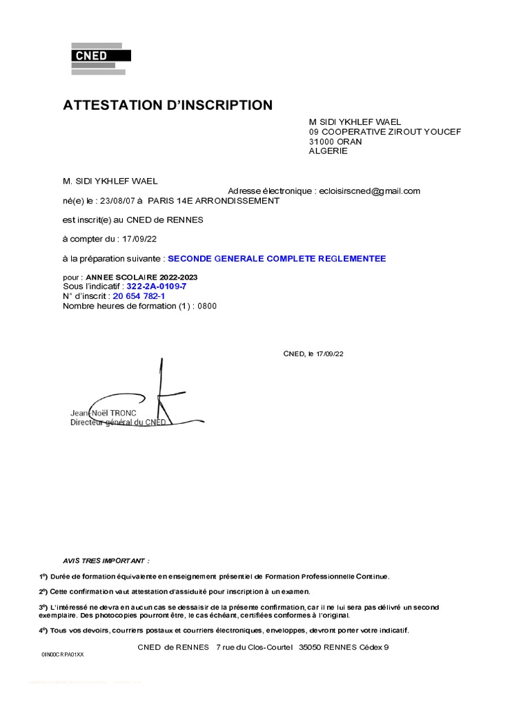 Attestation D'inscription | PDF