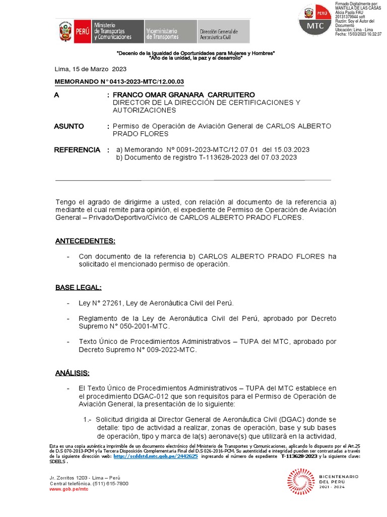MEMORANDO #0413-2023-MTC/12.00.03 15 MAR 2023. Alicia Paola MANSILLA DE LAS CASAS. NHC. 4p | PDF ...
