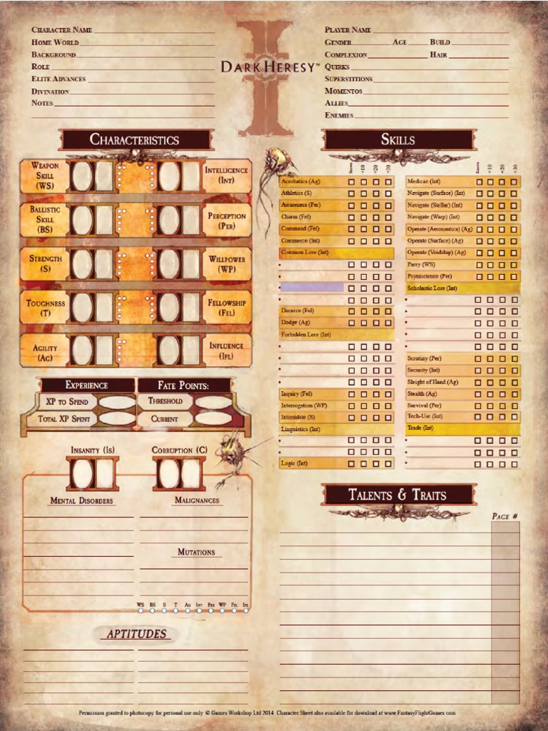DH 2E Character Sheet Form Fillable 1.2 | PDF