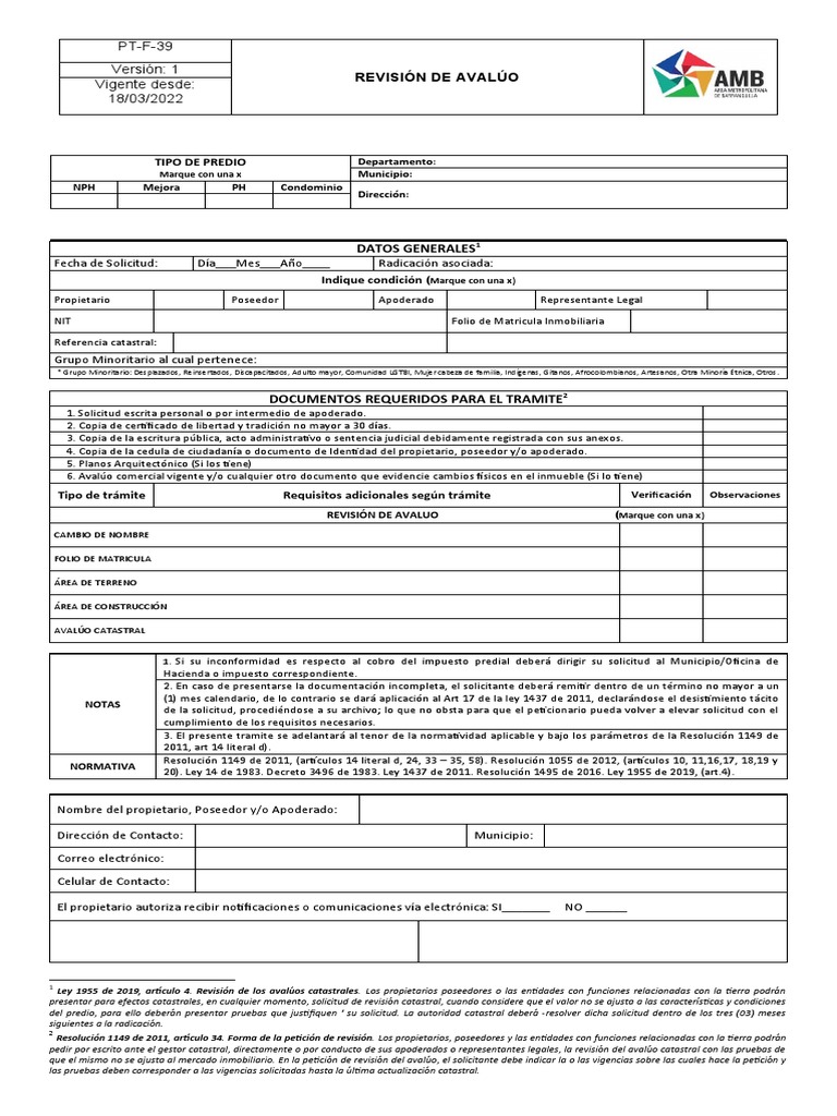 PT F 39 Formato Revision de Avaluo | PDF