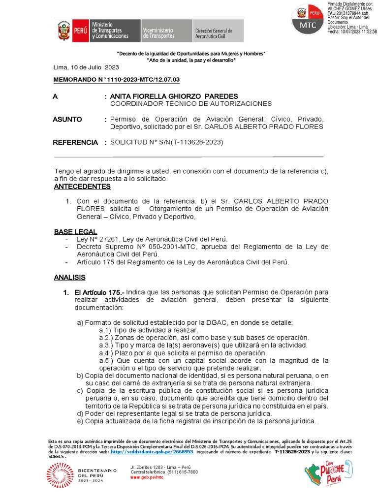 MEMORANDO #1110-2023-MTC/12.07.03 10 JUL 2023. Ulises VILCHEZ GÓMEZ ...