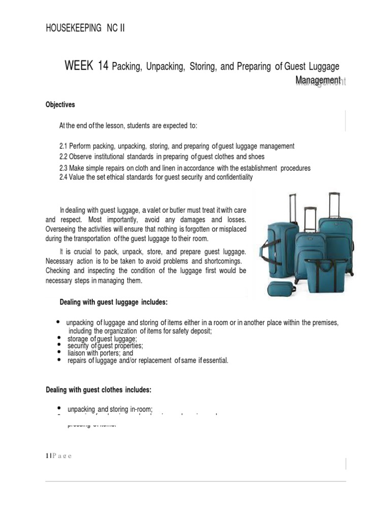 WEEK 14 PACKING, UNPACKING, STORING AND PREPARING OF GUEST LUGGAGE | PDF
