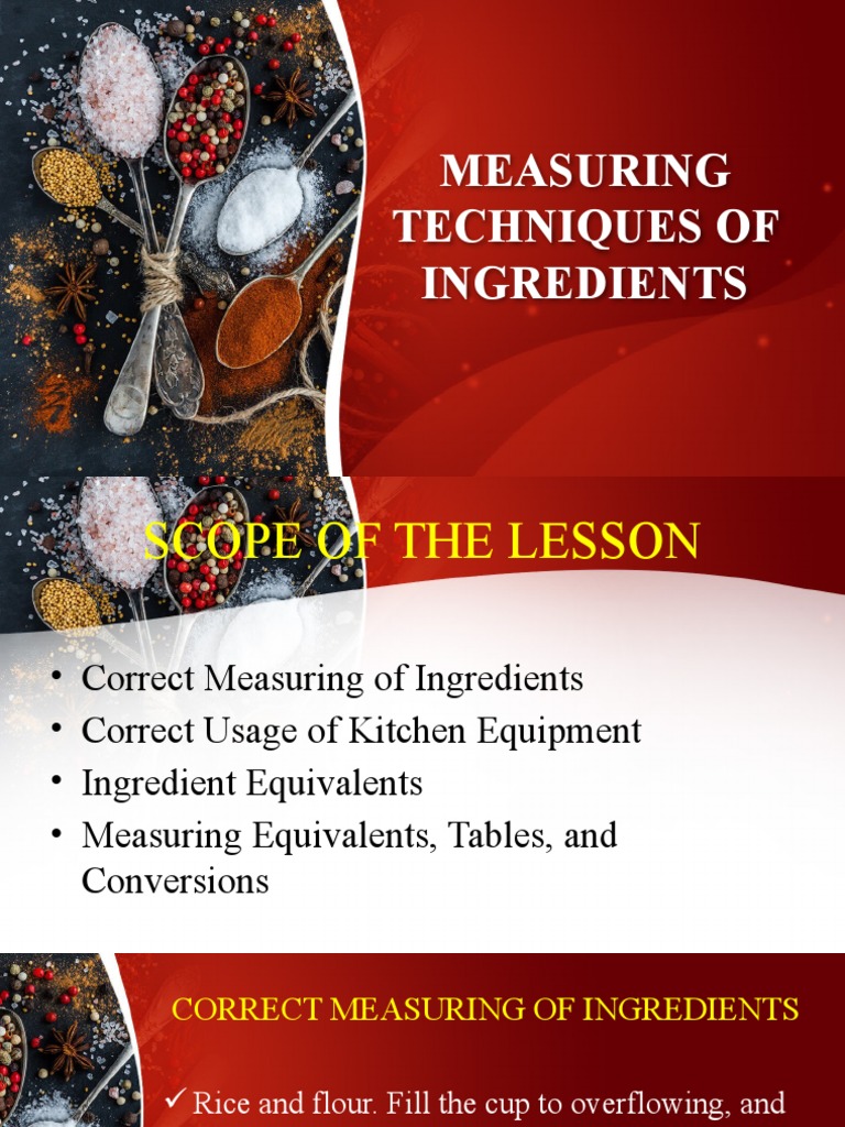 Ingredient Measuring Techniques Guide | PDF | Cooking, Food & Wine