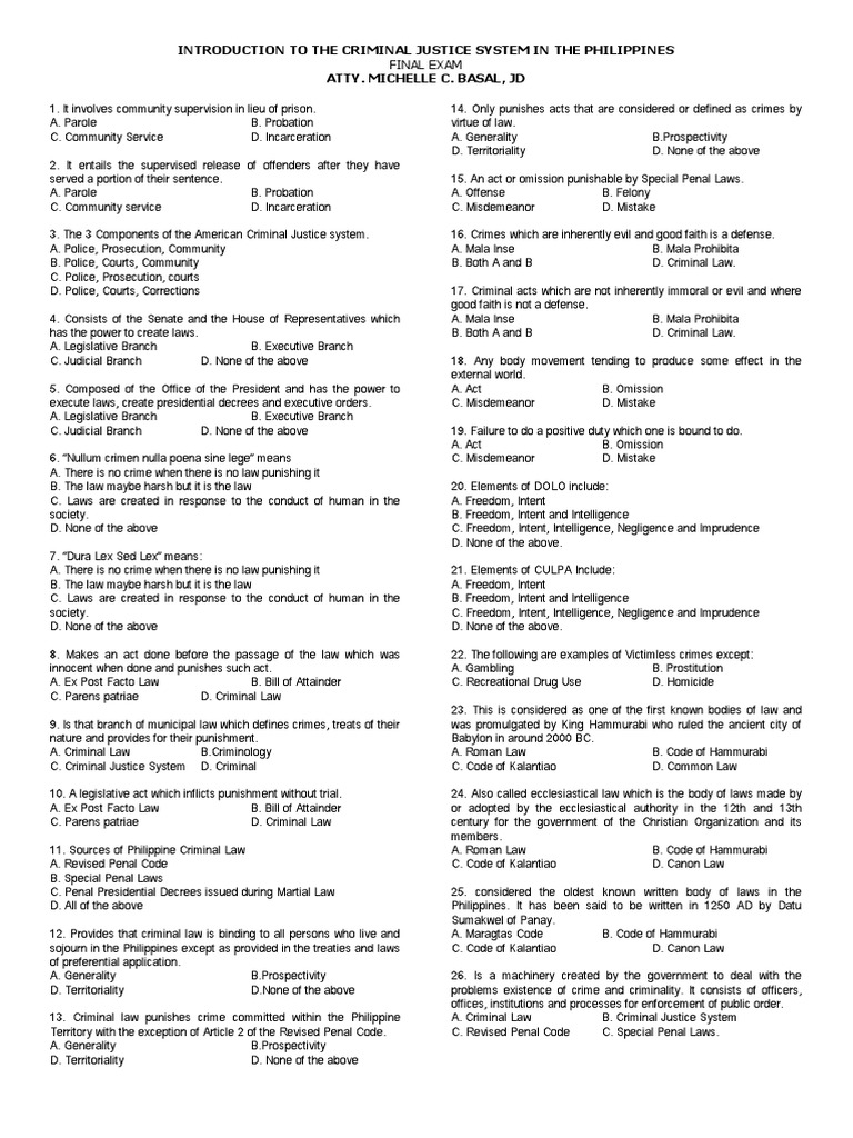 Philippine Criminal Justice System Exam | PDF | Pardon | Prosecutor