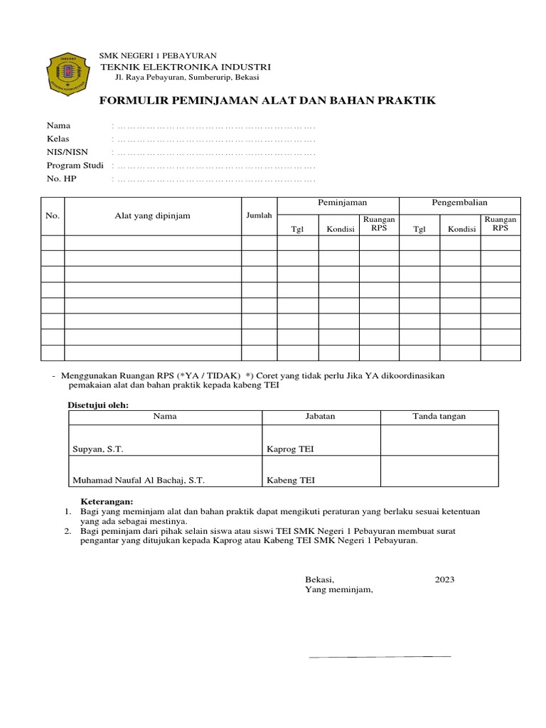Form Peminjam Alat TEI | PDF