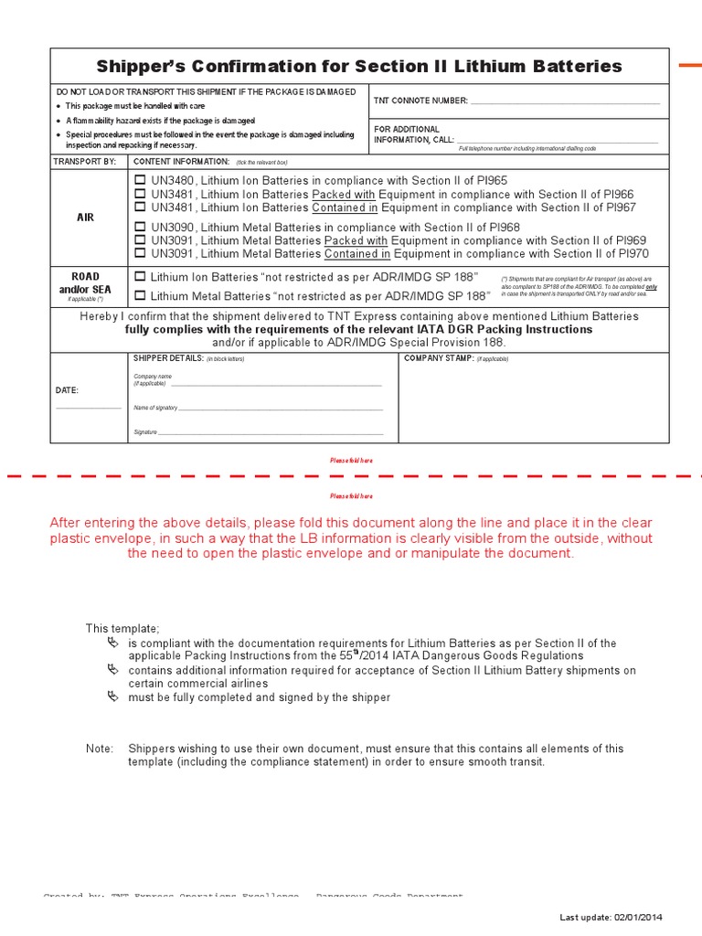 Lithium Battery Shippers Declaraton (Attached With Con Note) | PDF