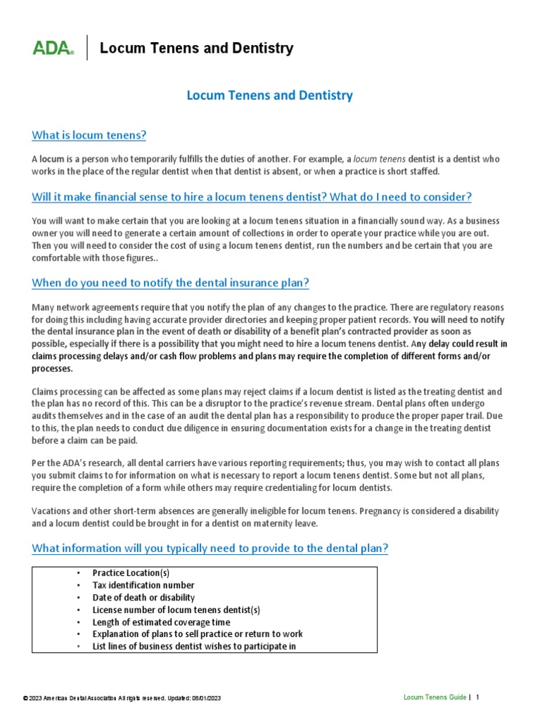 Locum Tenens Guide for Dentists | PDF | Cost Of Living | Dentistry