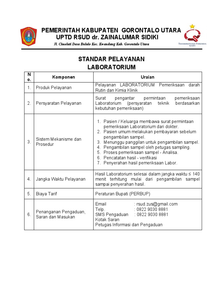 STANDAR PELAYANAN Laboratorium | PDF