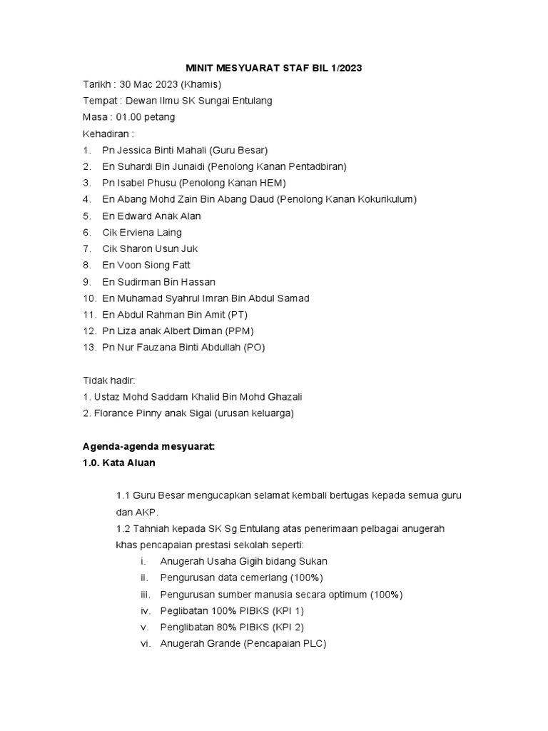 Minit Mesyuarat Staf Bil 1.2023 | PDF