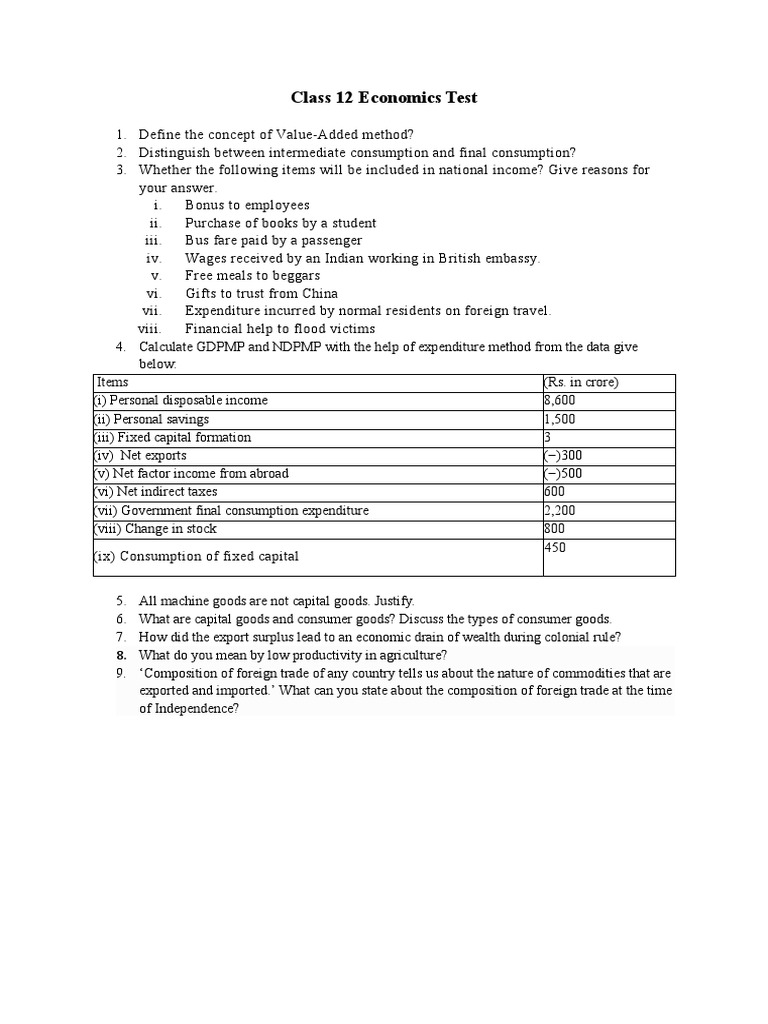 Class 12 Economics Test Questions | PDF