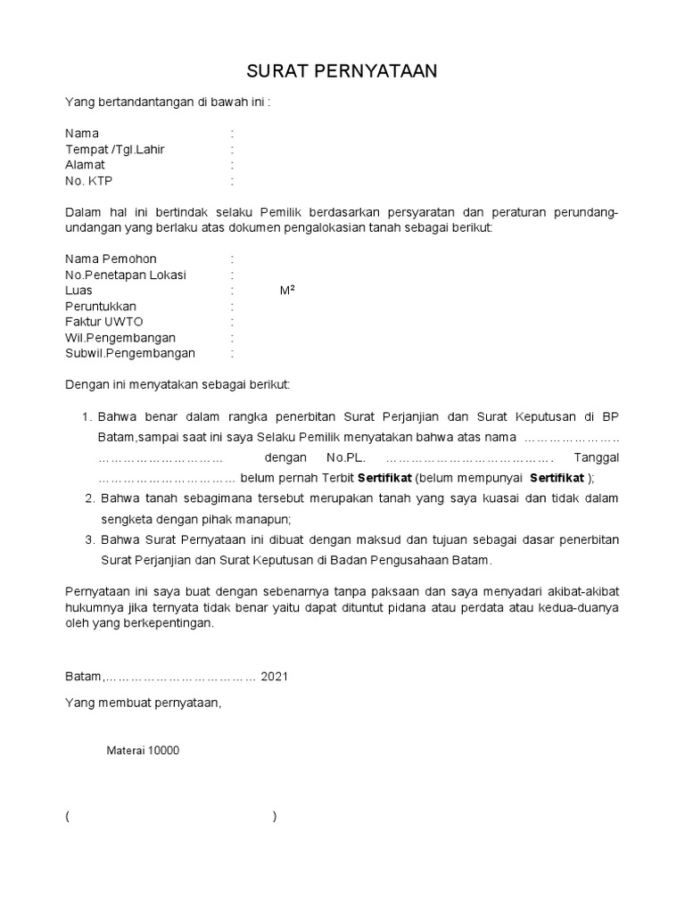 Pernyataan Belum Sertifikat Untuk SPJ Skep | PDF